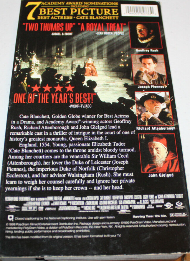 Elizabeth (VHS 1999) Cate Blanchett, Liz Giles, Rod Culbertson ...