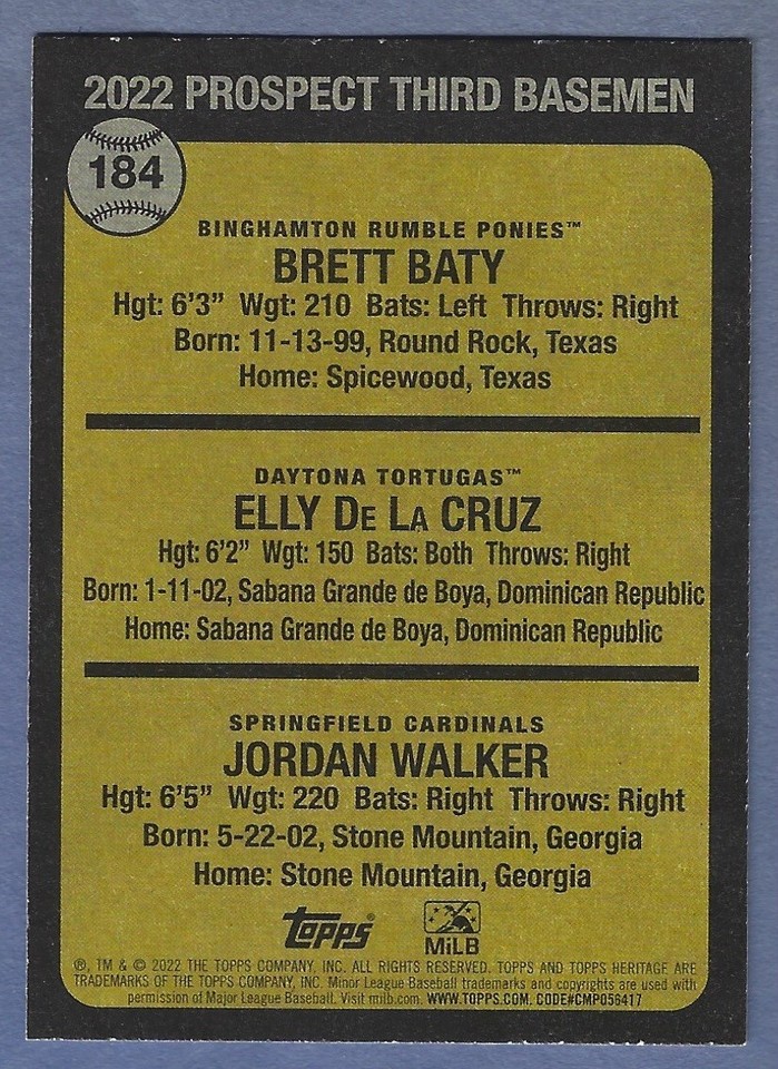 2022 Topps Heritage Minor League #184 Elly De La Cruz/Jordan Walker ...