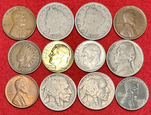 (12) US Coin Lot Collection Gold GP Silver Dime Nickels Indian Head ...