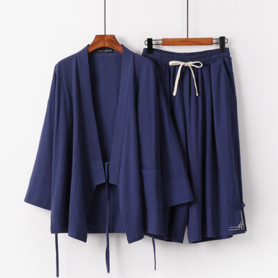 Chinese Traditional Men Linen Hanfu Kung Fu Suit Kimono and Short Pants ...