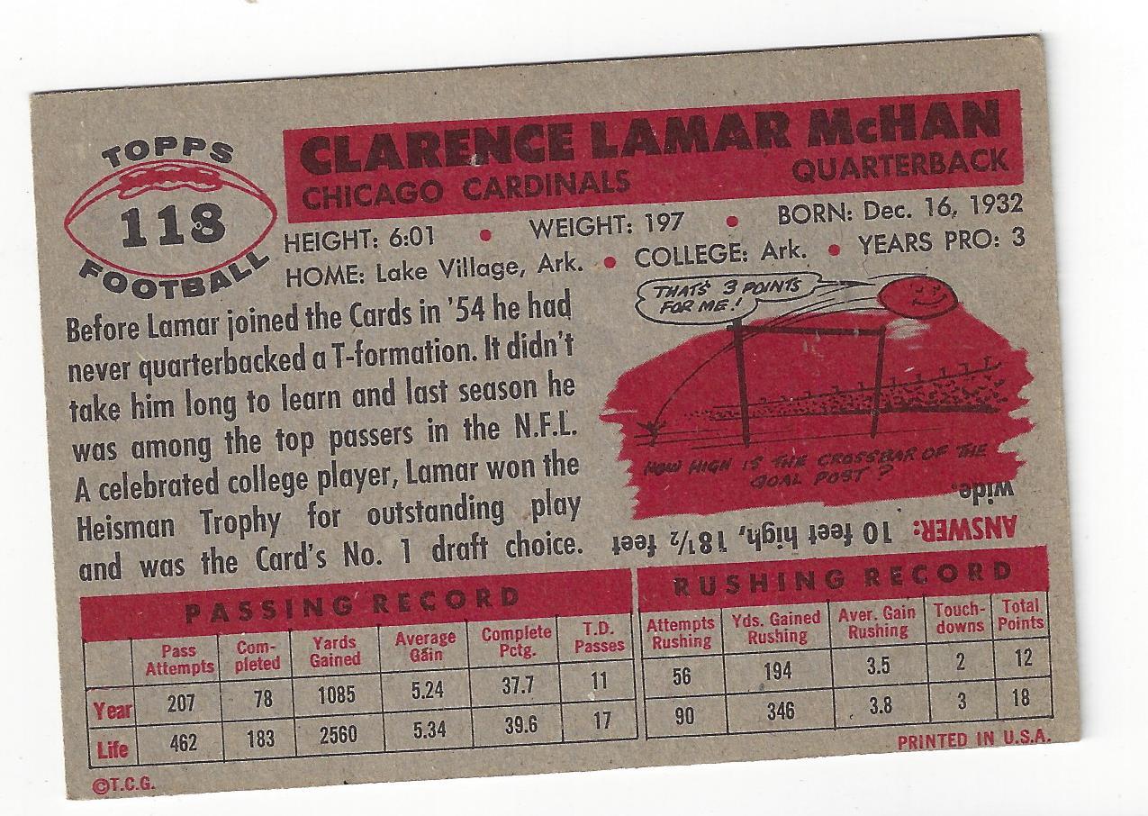 Lamar McHan 1956 Topps NFL Football Trading Card # 118 SP Chicago ...