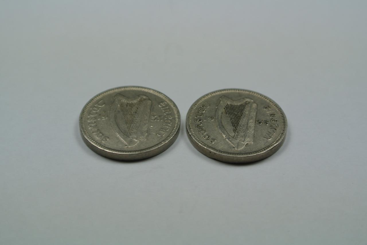 1933 1935 Eire, Ireland 3 Pence Coins, 3d Leat Reul, Hare/Rabbit ...