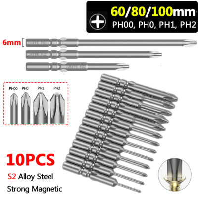 10X 6mm Round Shank Phillips Bit Set PH00/0/1/2 Fit for 802 Electric ...