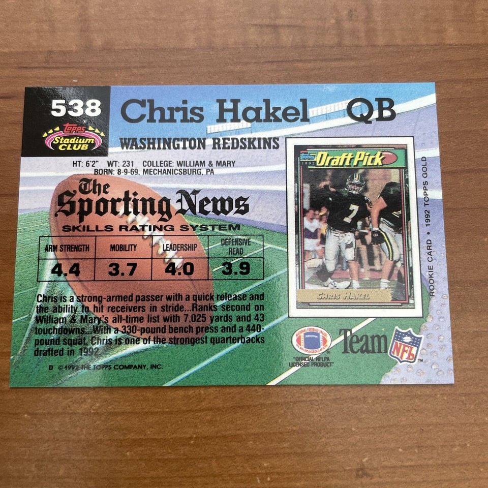 1992 Stadium Club Football Card #538 Chris Hakel RC Rookie | eBay