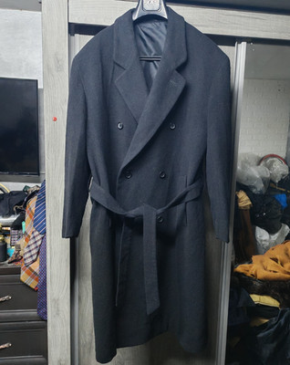 Vintage wool blend classic double breasted belted charcoal over coat ...