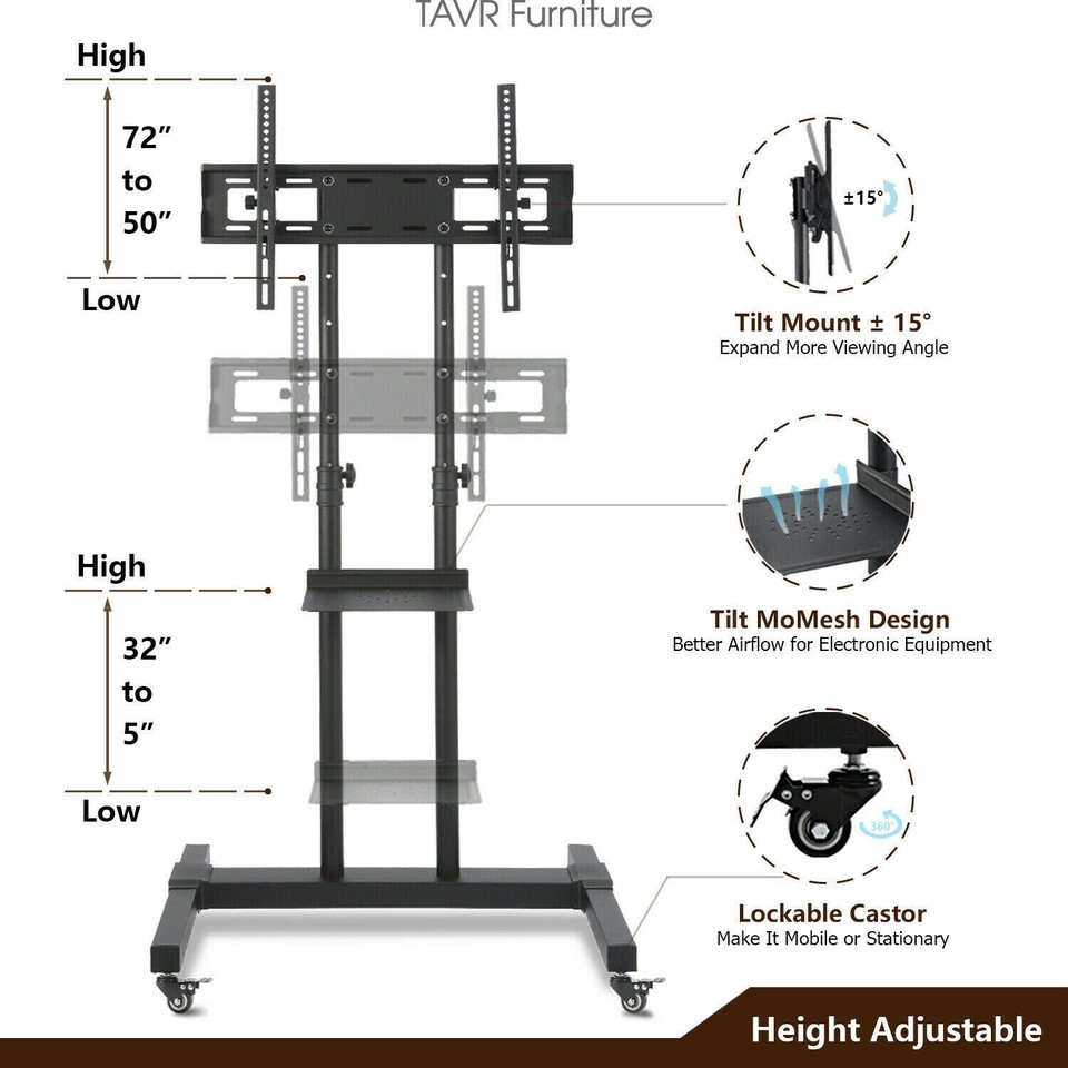 Mobile TV Stand Rolling TV Cart with Wheels for 32-70 inch Flat/Curved ...