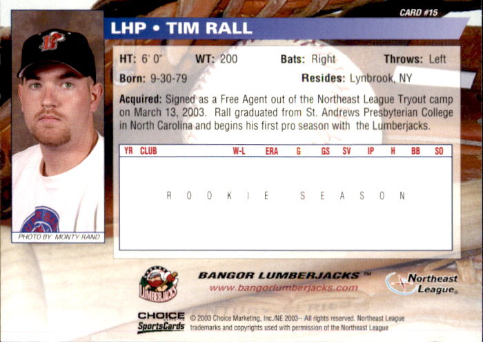 2003 Bangor Lumberjacks Choice #15 Tim Rall Lynbrook New York NY ...