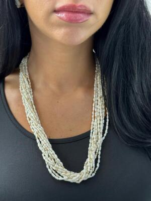 14k Yellow Gold Natural White Pearls Multi Strand Long Stack Necklace ...