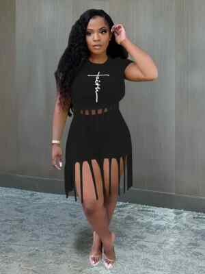 Black Short Set Midriff Top High Rise Short Long Fringe On Both Acetate ...