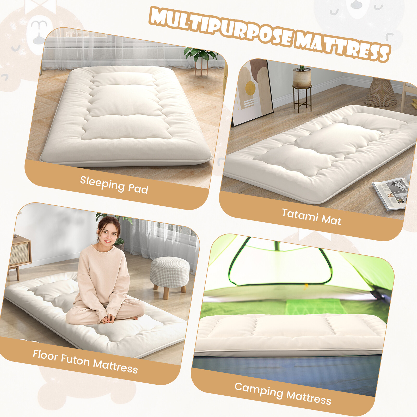 Futon Mattress Japanese Portable Floor Roll Up Tatami Mat Twin Full ...