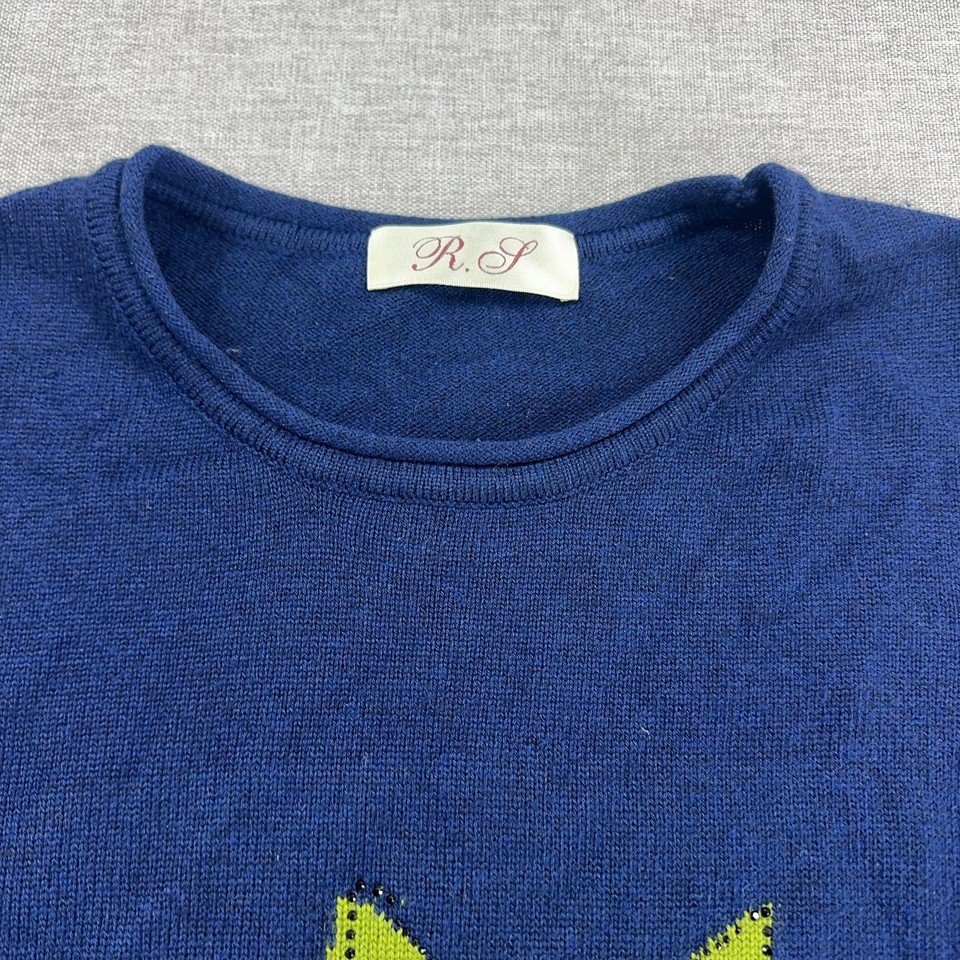 Knitted Cat Jumper Womens 8 Blue Pullover Knit Graphic Slim Winter ...