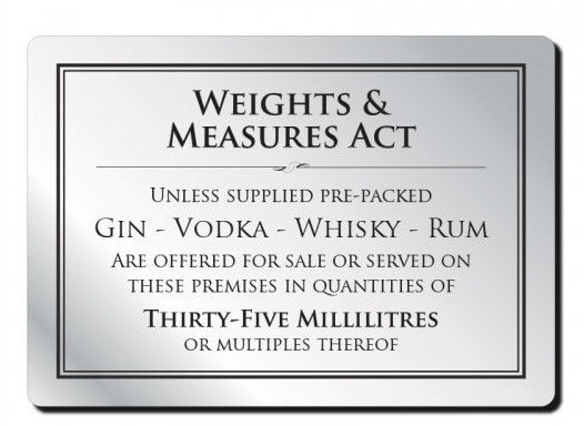 35ml Weights & Measures Act Alcohol Law Sign Pub Bar Restaurant ...