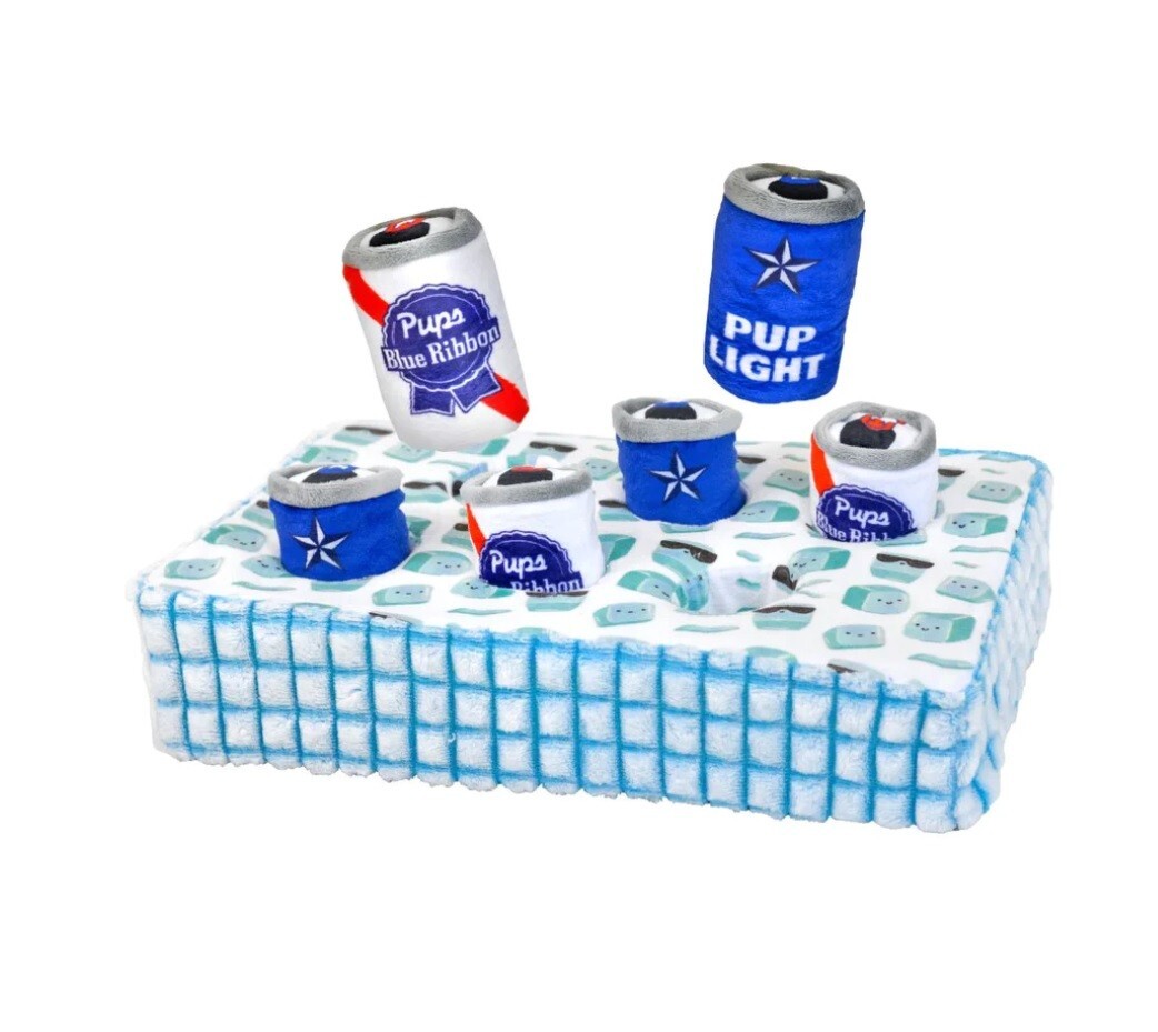 NEW! BEERS ON ICE DOG TOY PUZZLE SET PLUSH BEER CAN INTERACTIVE HIDE ...