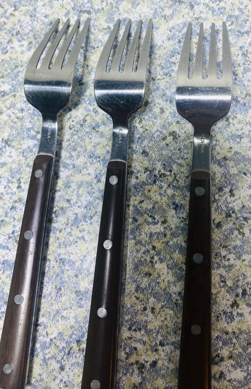 3 salad fork Stainless Steel Flatware Brown Riveted Handles 4 rivets ...