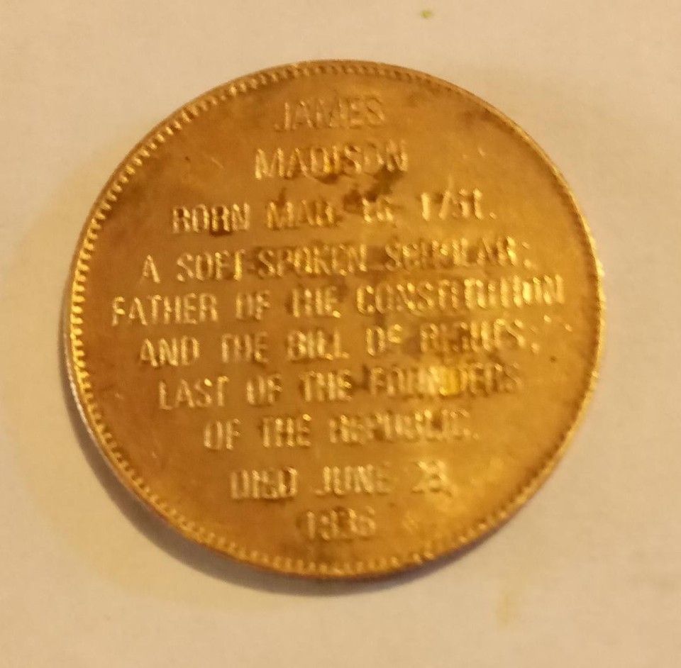 James Madison 4th President 1809 1817 Commemorative #49 Franklin Mint ...