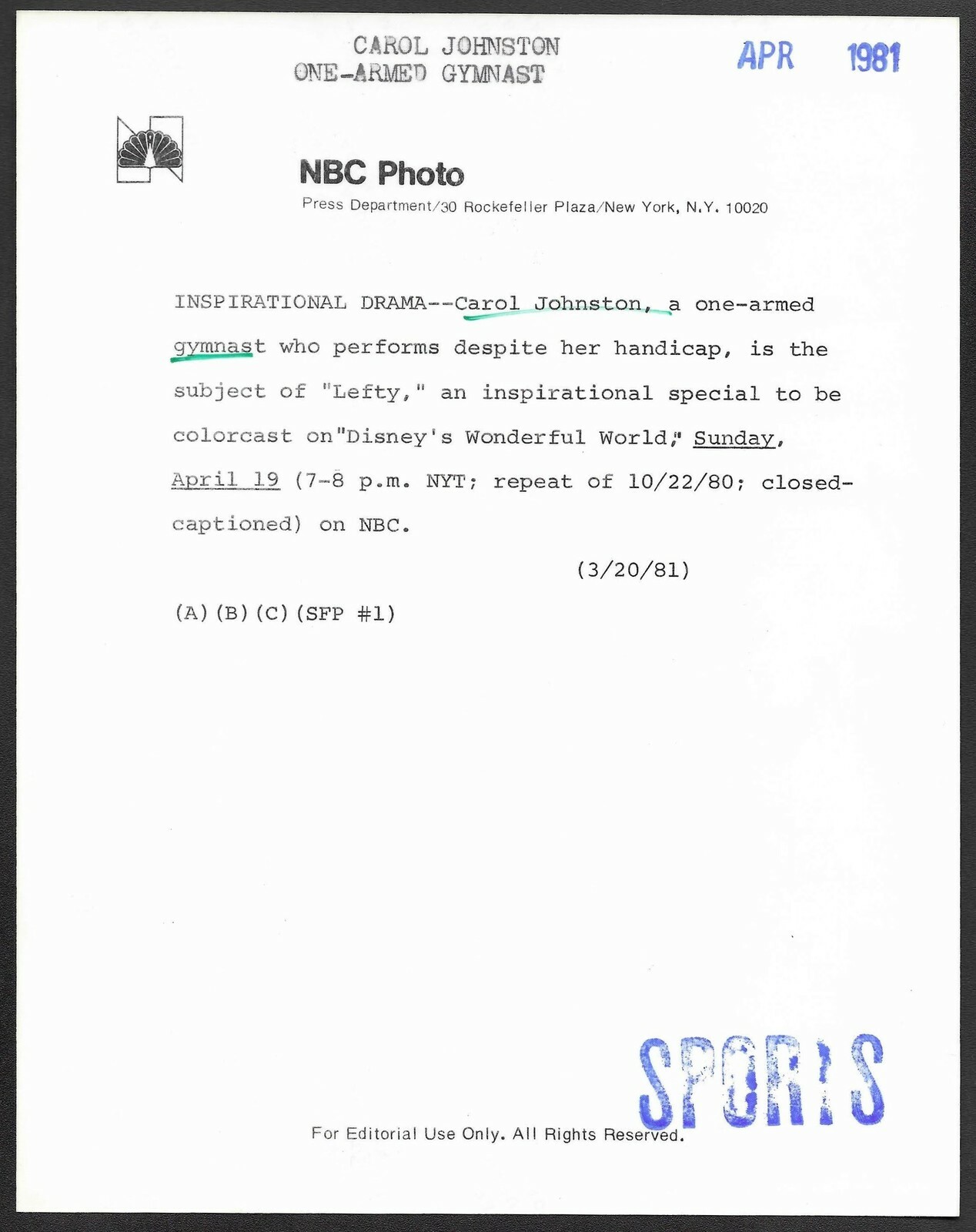 Disney's Wonderful World Gymnast Carol Johnston Lefty Original NBC ...