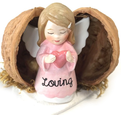 Walnut Shells and Miniature Loving Angel Holding Heart Figurine Unique ...