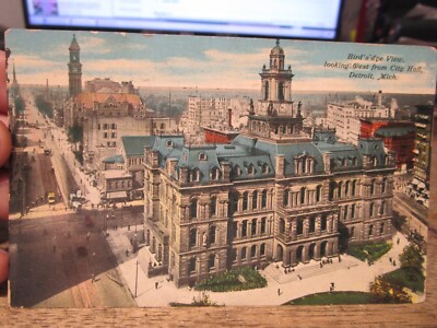 S2 Old Postcard MICHIGAN Detroit Bird's Eye View looking West from City ...