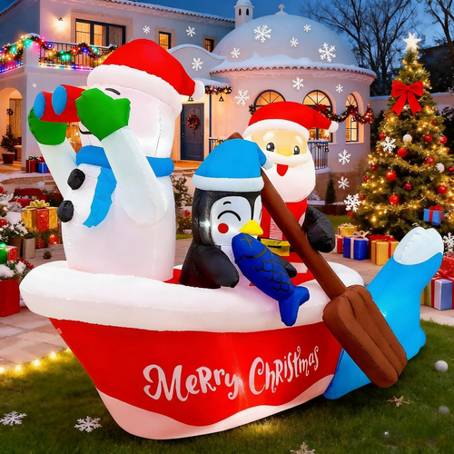 8FT Christmas Inflatables Santa on Boat 2025 NEW LED Outdoor Decoration ...