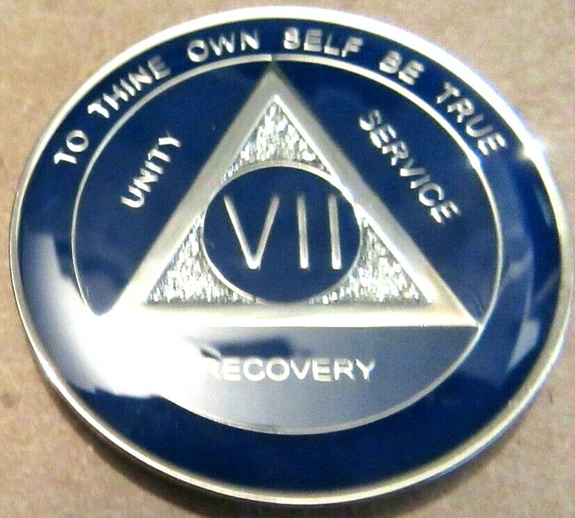 Blue Silver SPARKLE Alcoholics Anonymous 7 Year AA Medallion Coin Token ...