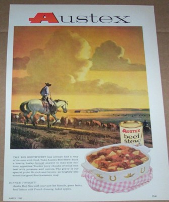 1959 print ad page -Austex beef stew Stan Galli cowboy horse artwork ...