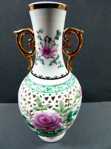 White Porcelain Rose Flower pattern Gold Handles Reticulated Pierced ...