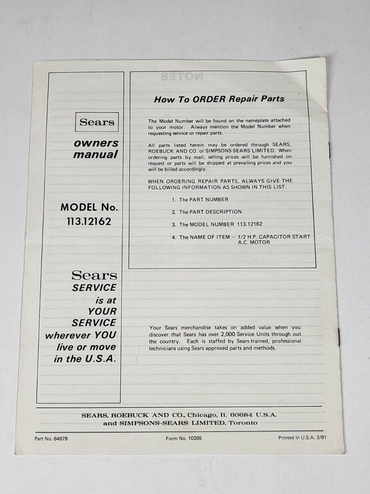 Sears Craftsman Owners Manual 113.12162 1/2 HP Capacitor Start AC Motor ...