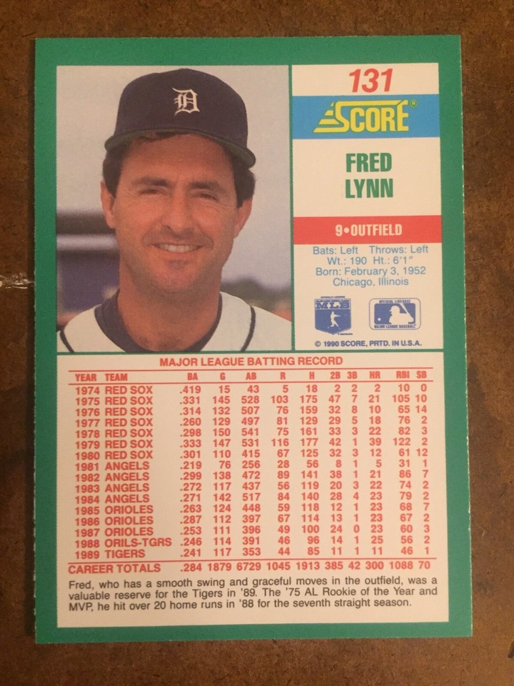Fred Lynn 131 Score 1990 MLB Baseball Trading Card | eBay