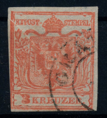 ÖSTERREICH 1850 3Kr, HP, Type I. RANDDRUCK! PAPIERFALTE! HOHLDRUCK ...