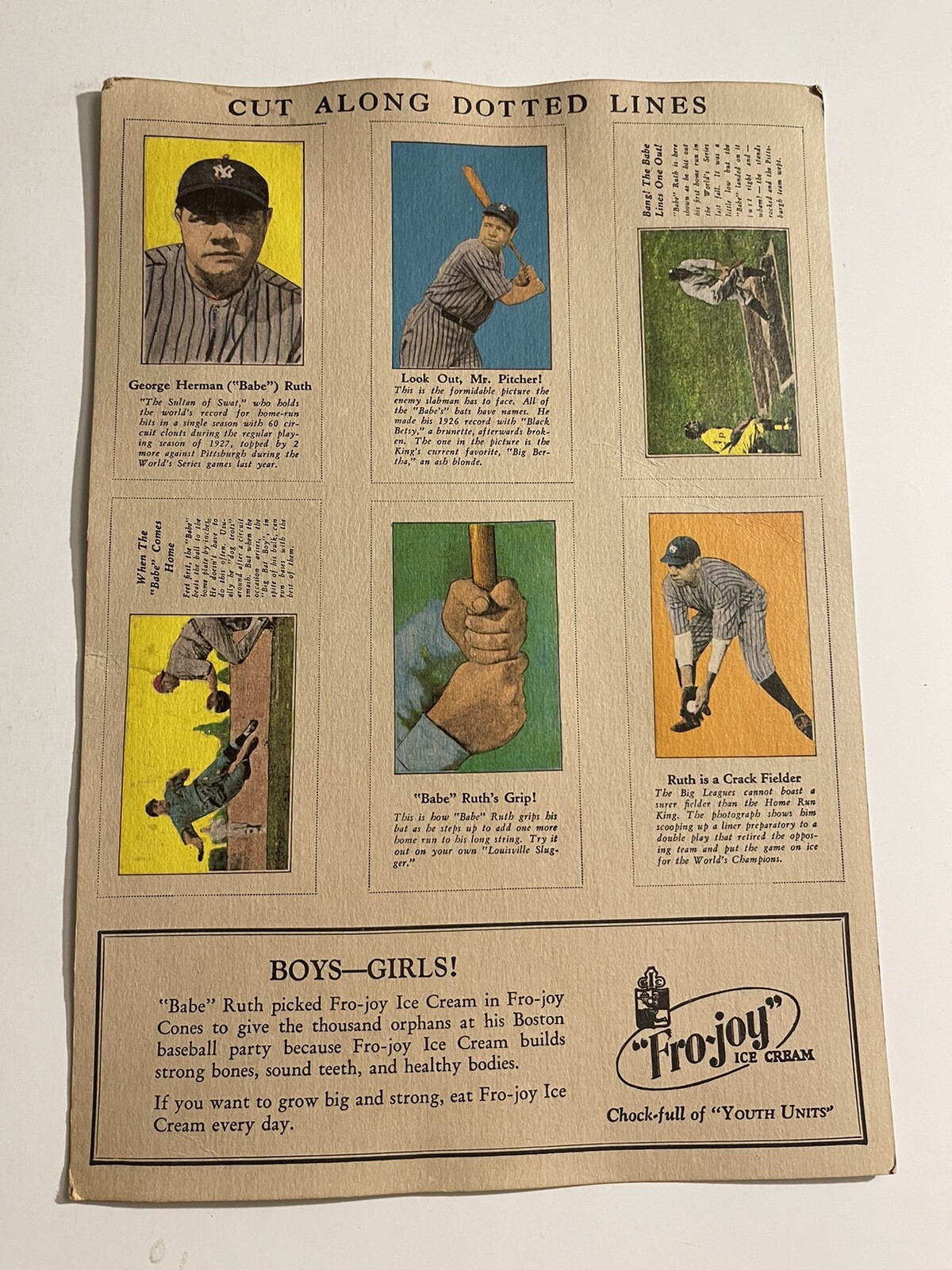 BABE RUTH -- Uncut sheet of six cards -- FRO-JOY ice cream Reproduction ...