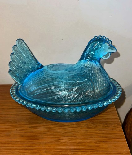 Rare, 7” Vintage Indiana Glass Hen On A Nest Candy Dish, Horizon Blue ...