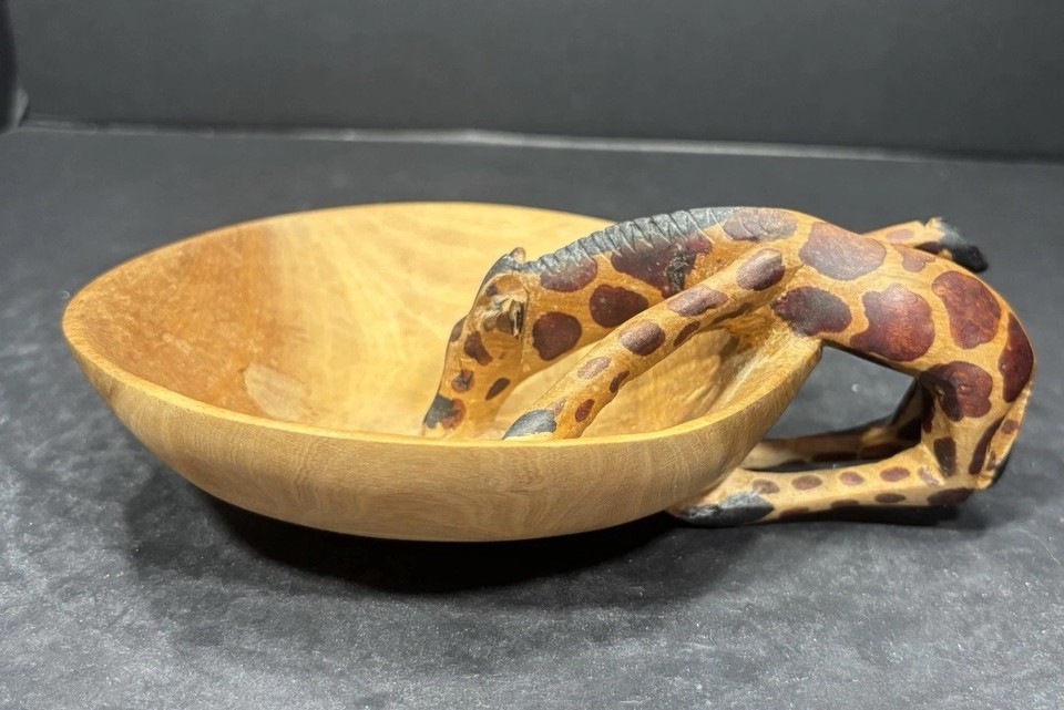 Giraffe Hand Carved Wood Bowl Giraffe Drinking Trinket Dish Art Piece ...