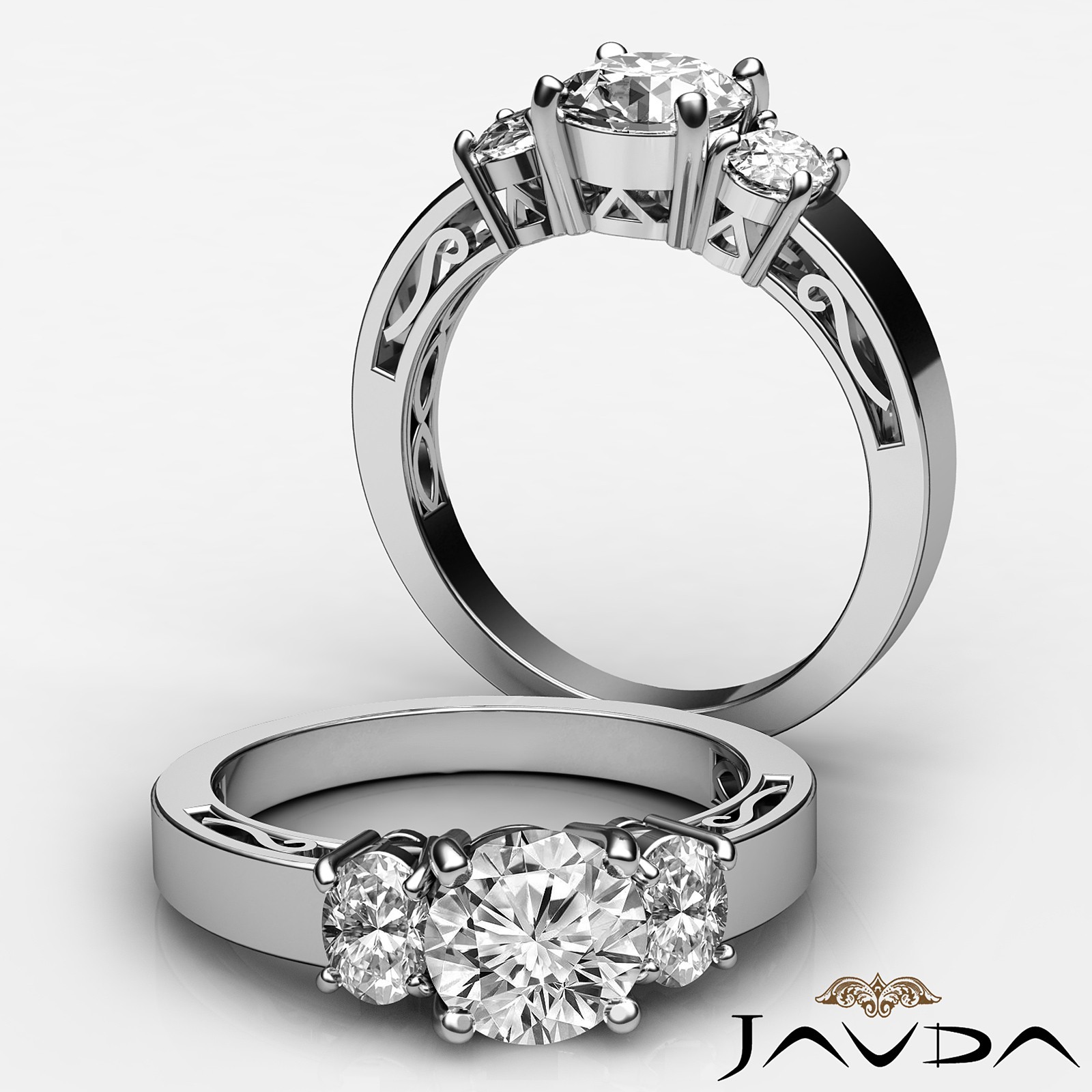 Filigree Shank 3 Stone Round Diamond Engagement Prong Set Ring GIA G ...