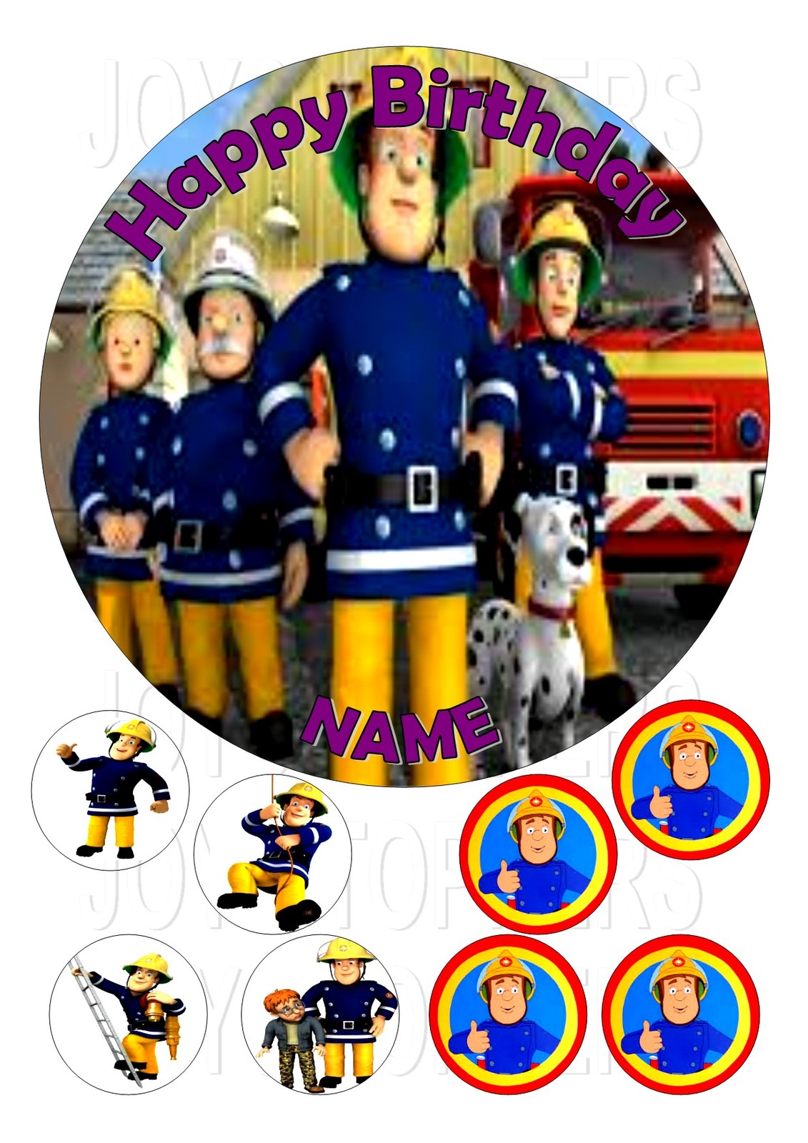 FIREMAN SAM TOPPER 7.5 ROUND+8 EDIBLE ICED ICING FROSTING PERSONALISED ...