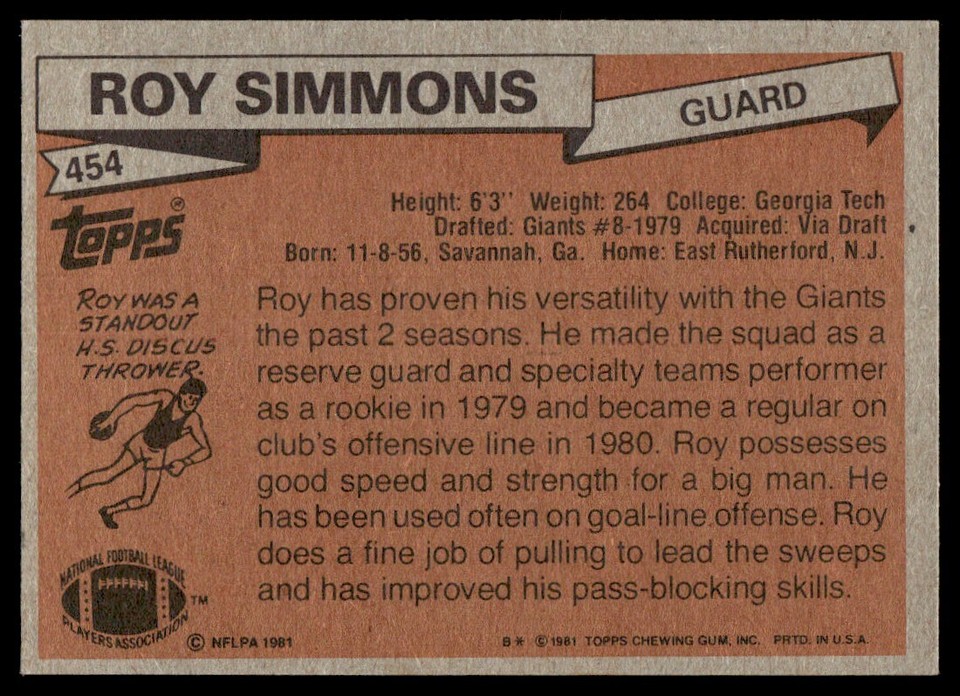 1981 Topps Roy Simmons Rookie New York Giants #454 | eBay