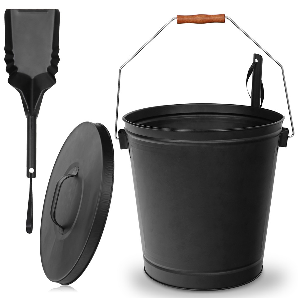 Metal Fireplace Ash Bucket With Shovel Lid Cover Fire Pits Black Stove ...