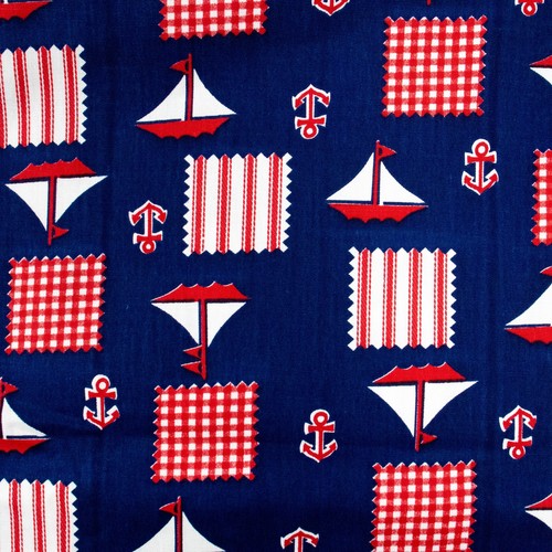 Vintage Fabric Sailboats Boats on Navy Blue Red White Nautical Cotton ...