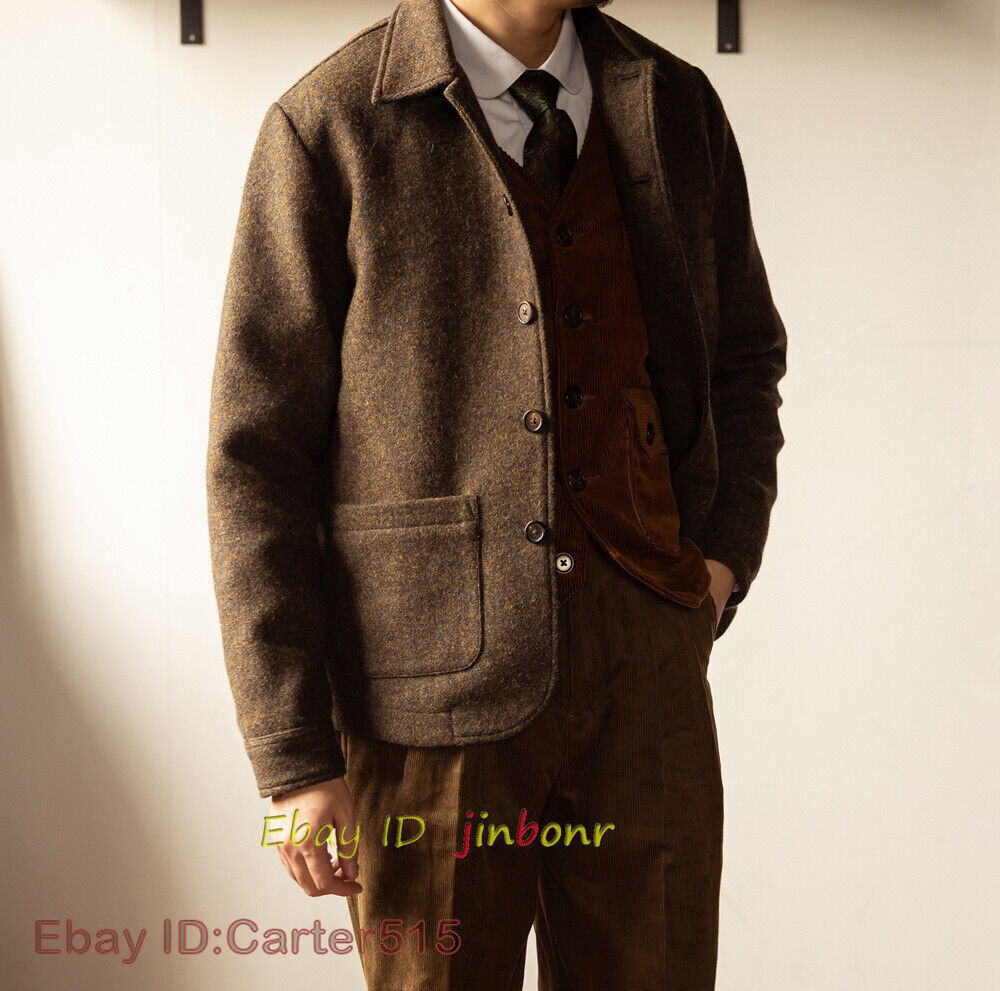 French Work Jacket Winter Warm Men's Wool Tweed Coat Casual Pockets Top ...