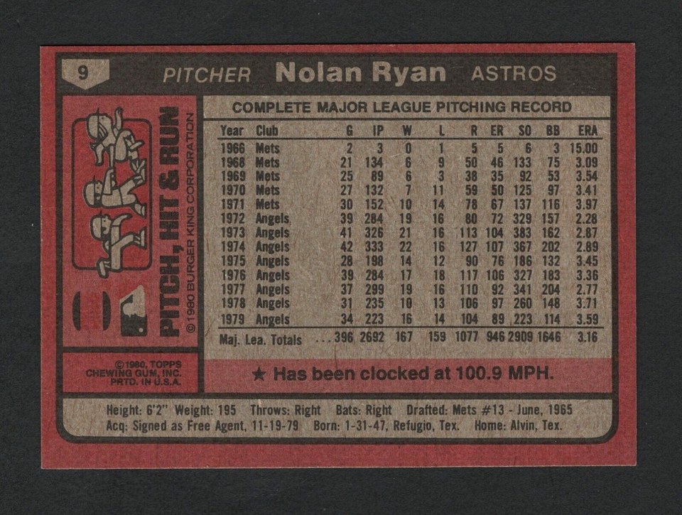 1980 Topps Burger King Baseball Card #9 Nolan Ryan – Houston Astros ...