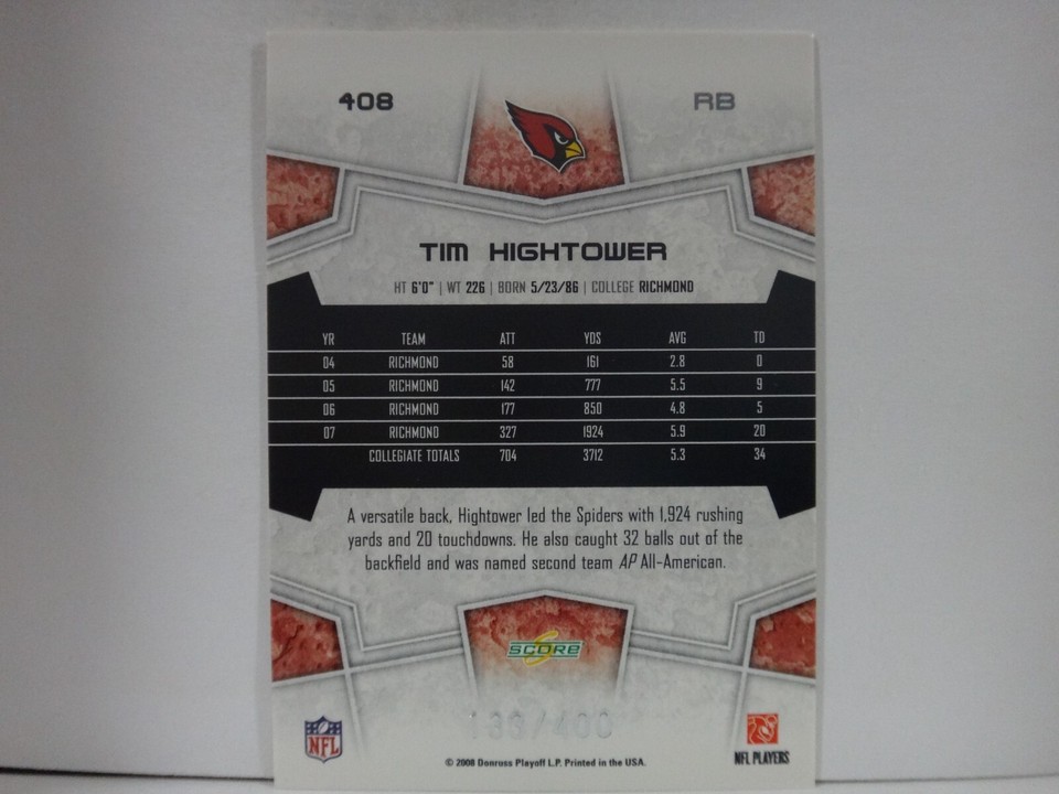 2008 Score Gold Zone Arizona Cardinals Football Card #408 Tim Hightower ...