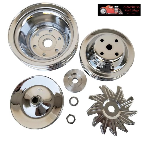 Small block Chevy chrome 4 pulley set SBC 2 3 groove Long pump 305 327 ...
