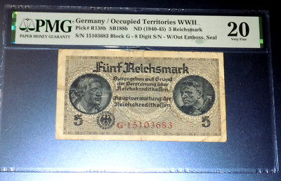 PMG GERMANY OCCUPIED TERRITORIES Funf Reicshmark WWII Very Fine 20 SS ...