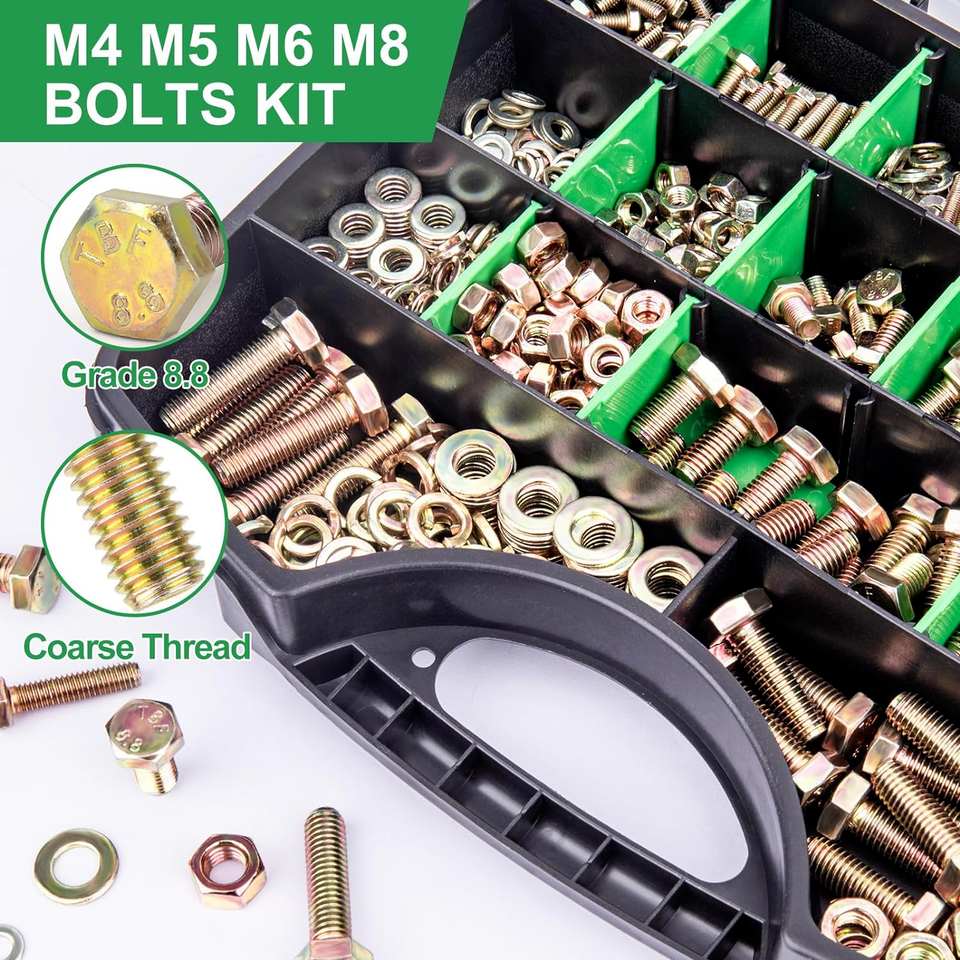 907Pcs Grade 8.8 Metric Bolt Assortment M4 M5 M6 M8 Yellow Zinc Plated ...
