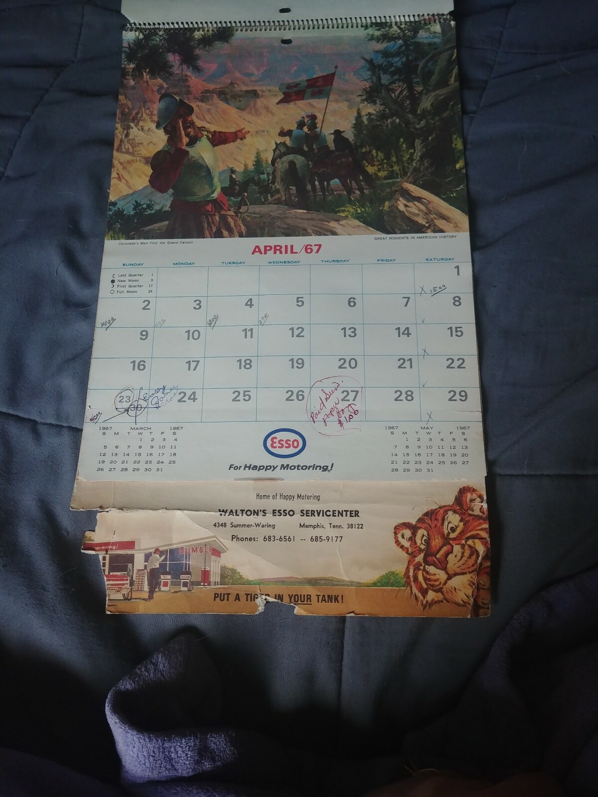ESSO Exxon 1967 Calendar Waltons Memphis Tennessee TN Happy Motoring ...