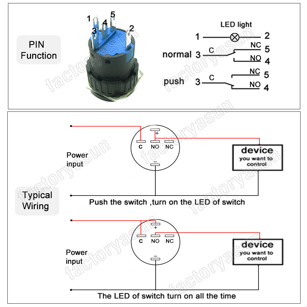 Push Button Switch Wiring Diagram APIELE 12/16/19/22mm Push Button