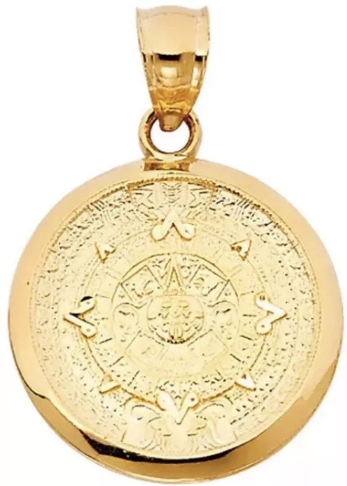 GOLd Aztec 14K pendant SOLID REAL mayan Sun calendar necklace mexic ...