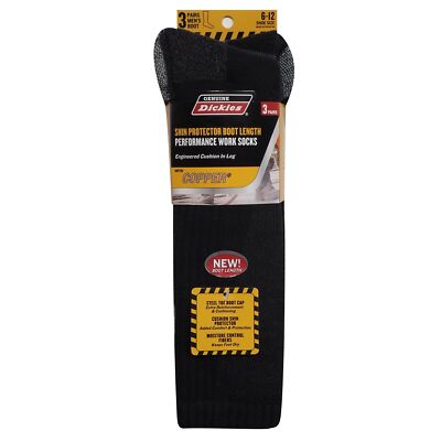 Dickies Men's Shin Protector Boot Crew Sock (3 Pack) Size: 6-12, Black ...