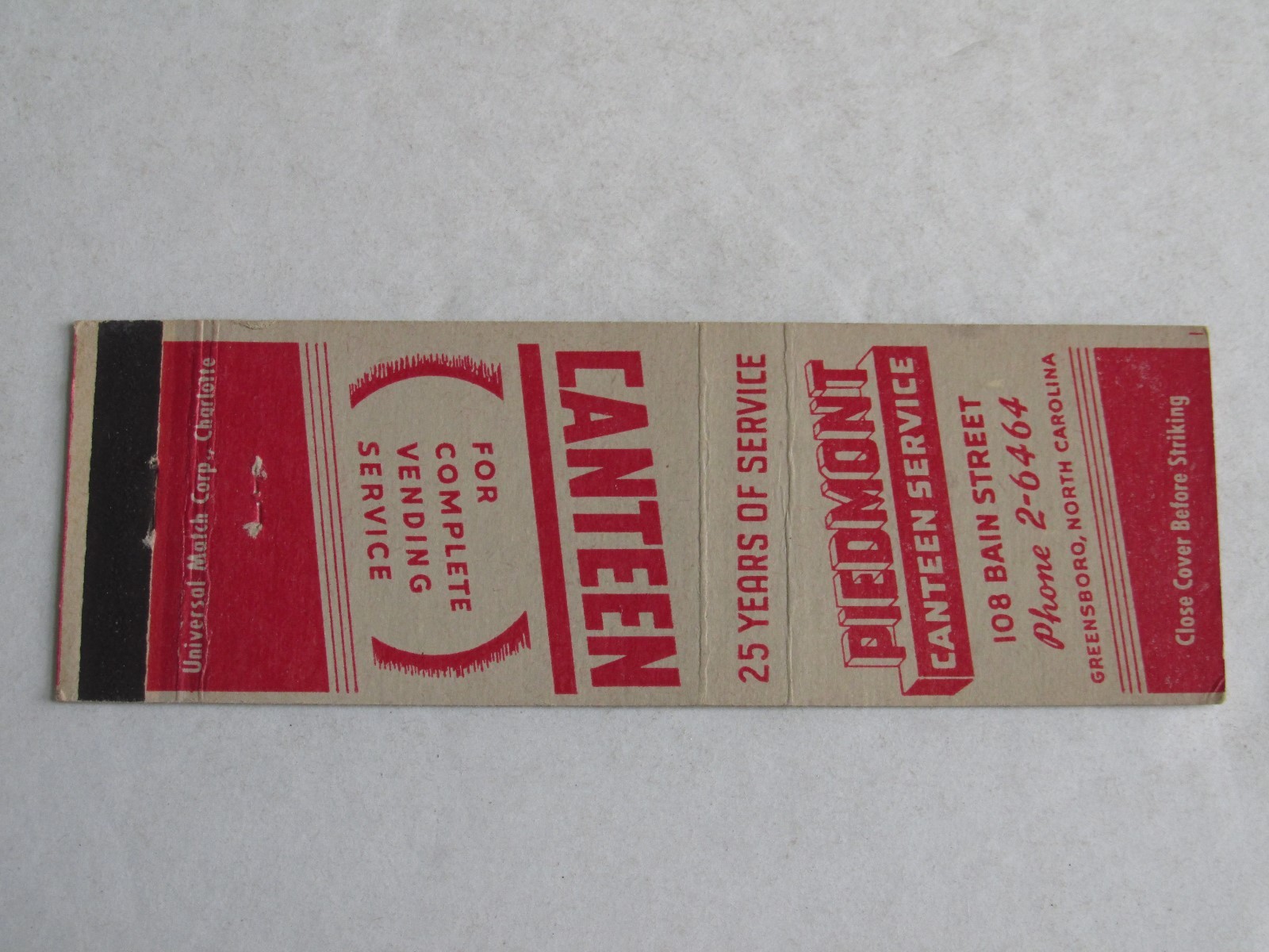 o88 Matchbook Cover NC North Carolina Piedmont Canteen Services ...