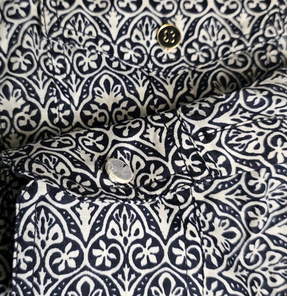 Tory Burch Blouse Navy White Print Cotton Jersey Roll Tab Sleeves ...