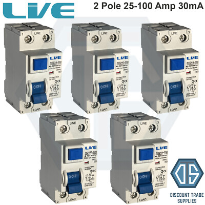 Live 2 Pole RCD 25 Amp 40 Amp 63 Amp 80 Amp 100 Amp 30mA RCD Double ...